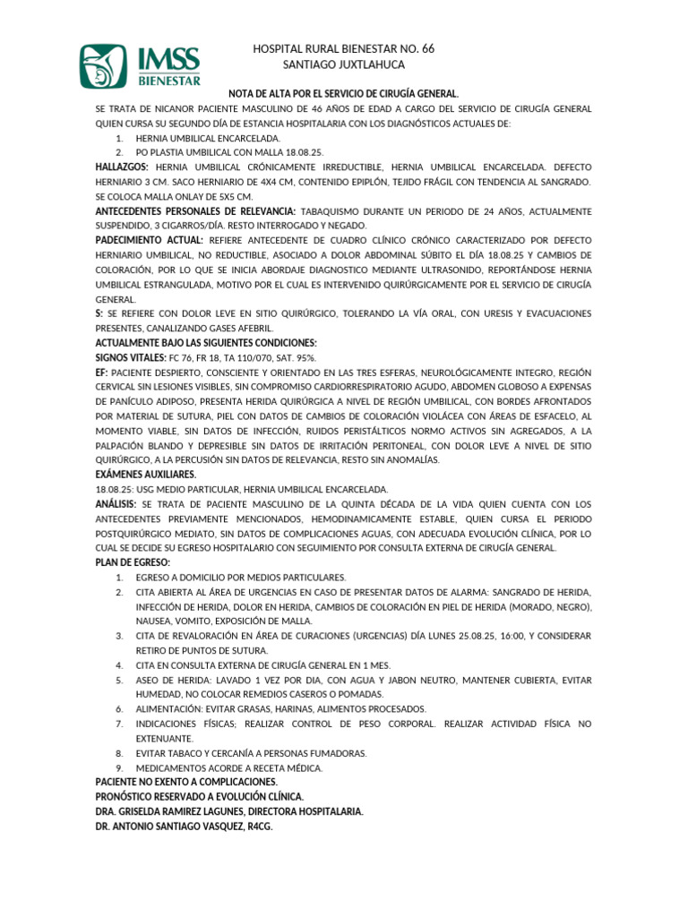 Nota de Alta Por El Servicio de Cirugía General Nicanor | PDF | Herida ...