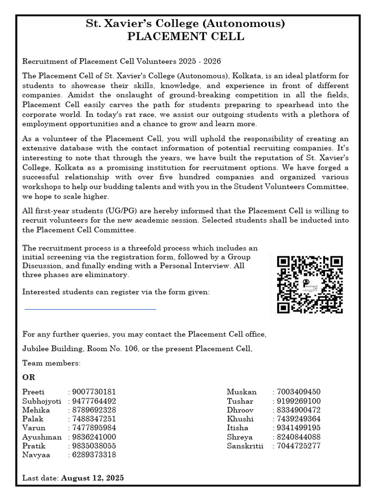 SXC Placement Cell Volunteer Recruitment 2025 | PDF