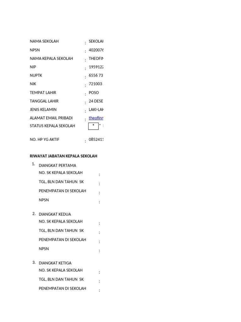 Format Data Kepala Sekolah (SD Inpres 1 Kamarora) | PDF