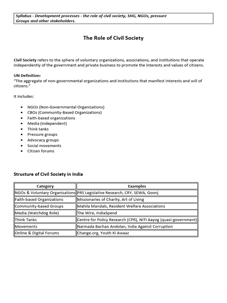Role of Civil Society in India | PDF | Non Governmental Organization ...