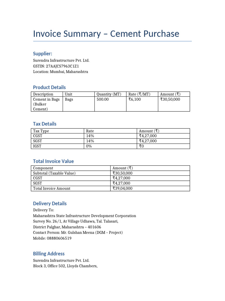 Cement Purchase Invoice Summary | PDF