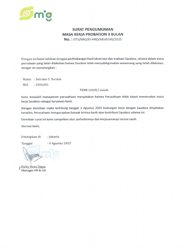 Surat Pemberitahuan Probation | PDF