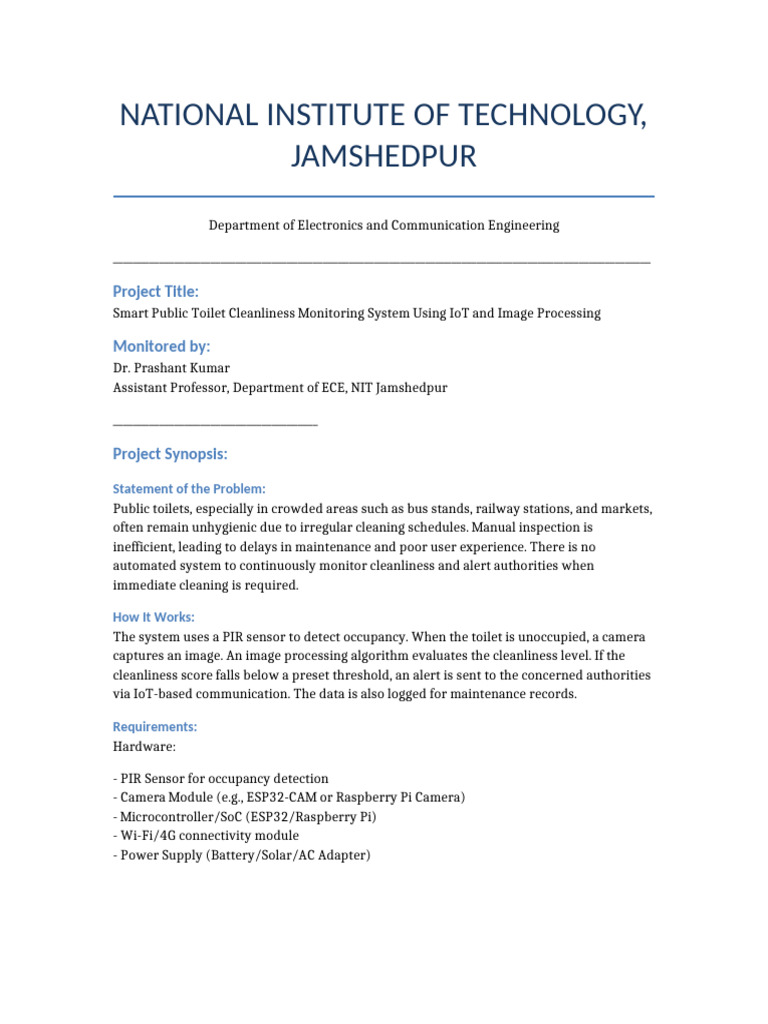 Smart Public Toilet Cleanliness Monitoring Synopsis | PDF | Internet Of ...
