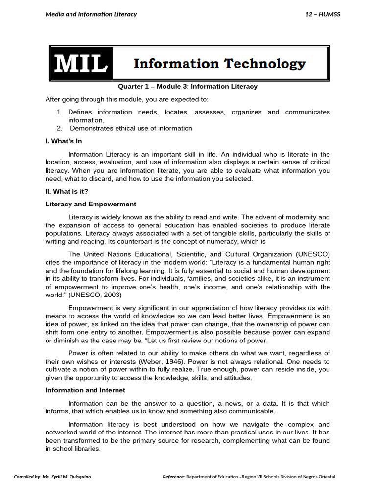Information Literacy Module 3 Overview | PDF | Literacy | Internet