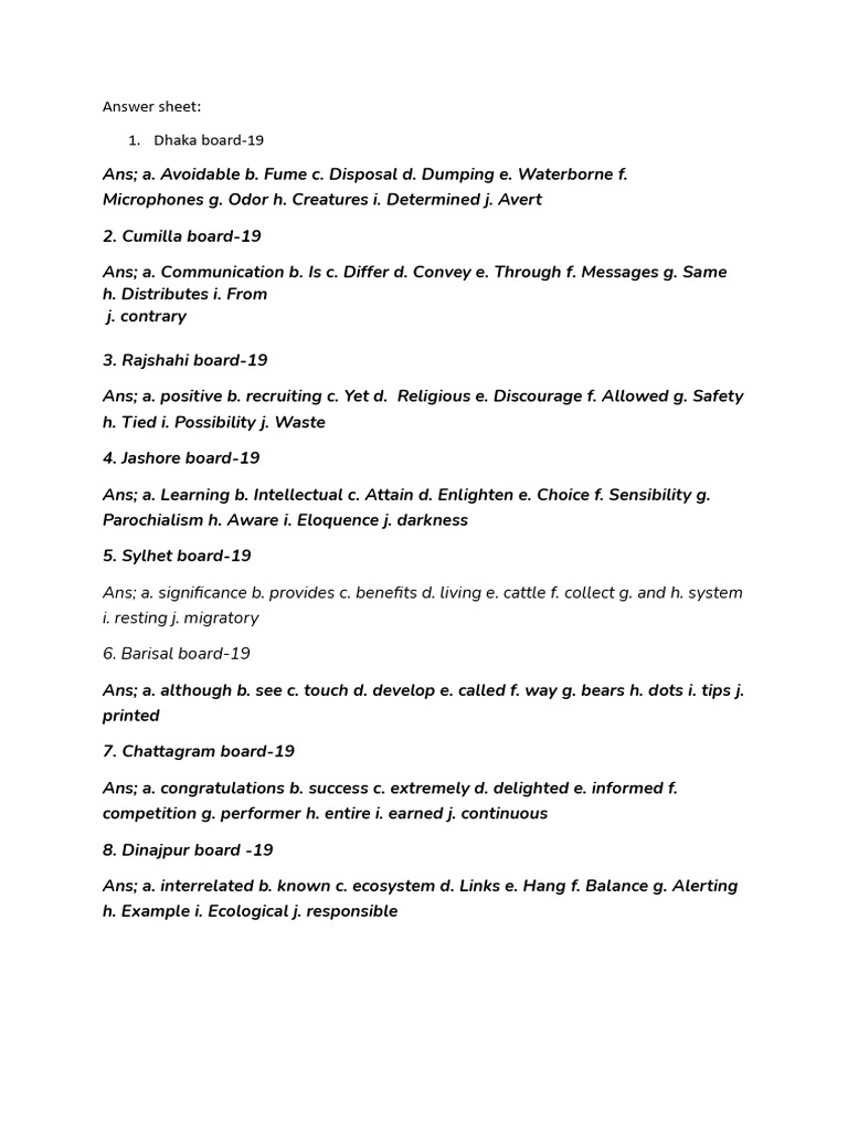 Cloze Test Answer Sheet HSC-25 | PDF