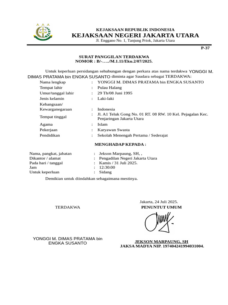 P-37-YONGGI M. DIMAS PRATAMA Bin ENGKA SUSANTO (Sidang Kamis, 31 Juli ...