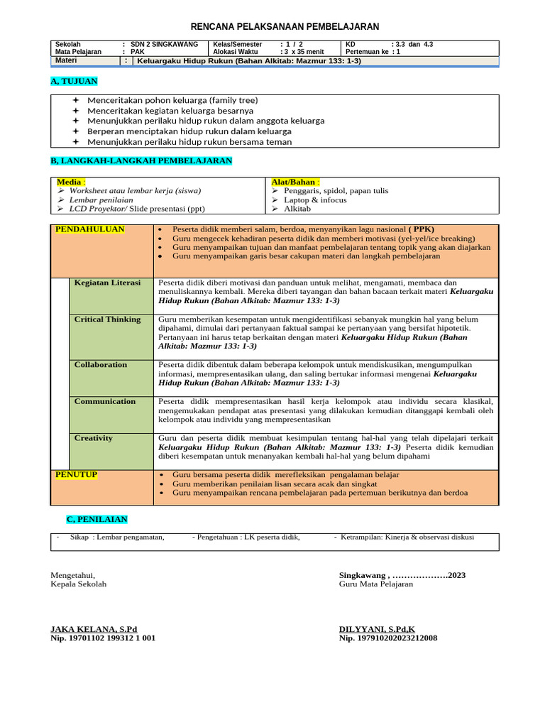 RPP 1 Lembar Pak & BP Kelas 1 Semester 2 | PDF