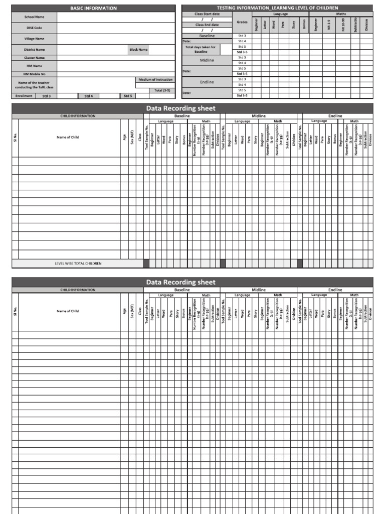 Data Recording Sheet for Teachers-TaRL | PDF