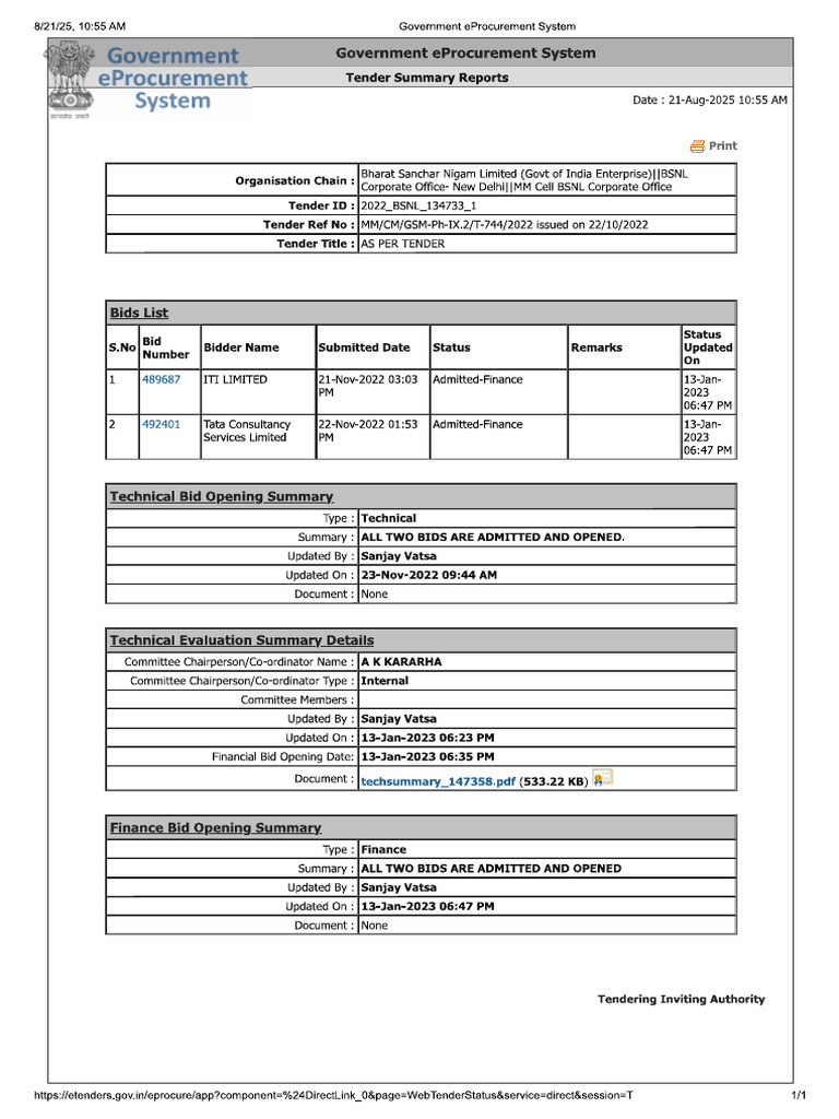 Tender Summary Reports | PDF