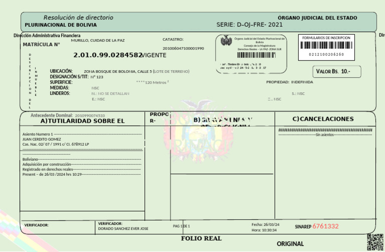 Folio Real de Propiedad en Bolivia | PDF