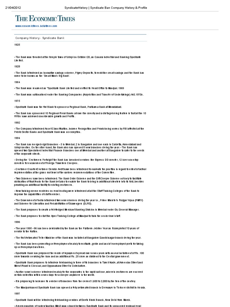 Syndicate Bank: Historical Milestones | PDF | Credit (Finance) | Banks
