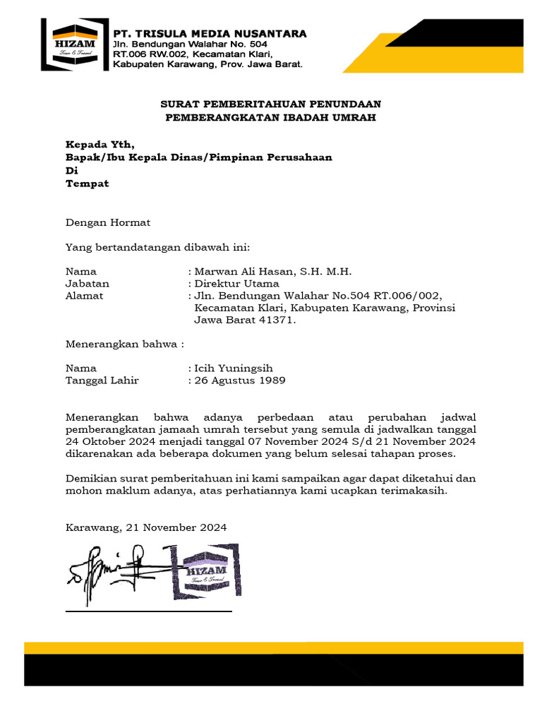 Surat Pemberitahuan Penundaan Pemberangkatan Ibadah Umrah | PDF