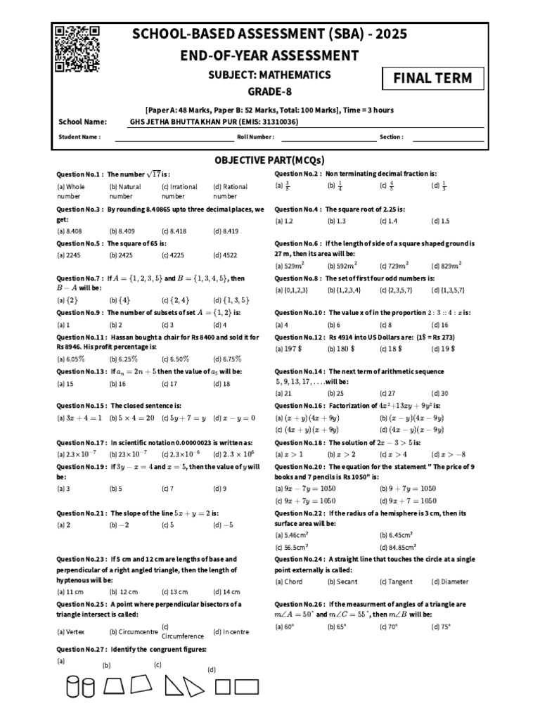 Grade 8 SBA Final Term Math 2025 | PDF | Perpendicular | Triangle