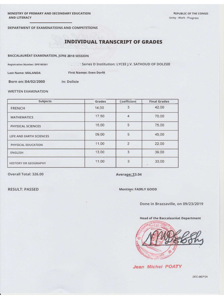Baccalauréat Exam Transcript 2018 | PDF | Qualifications | Educational ...