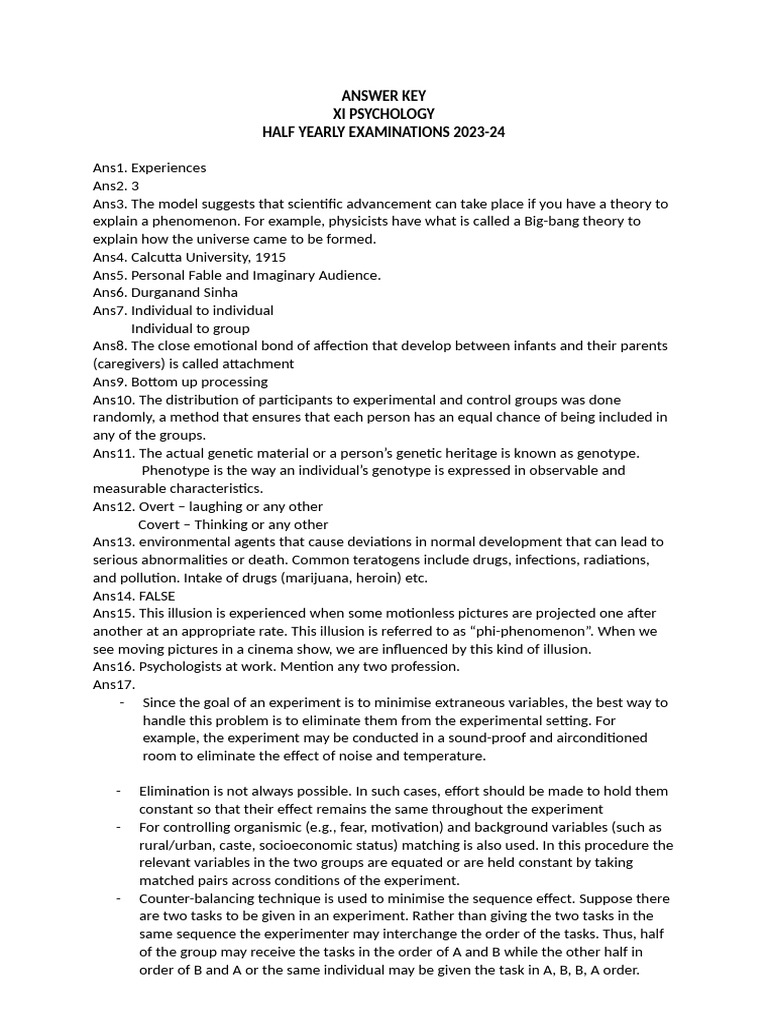 Answer Key Hy 2025-26. Xi | PDF | Psychology | Experiment