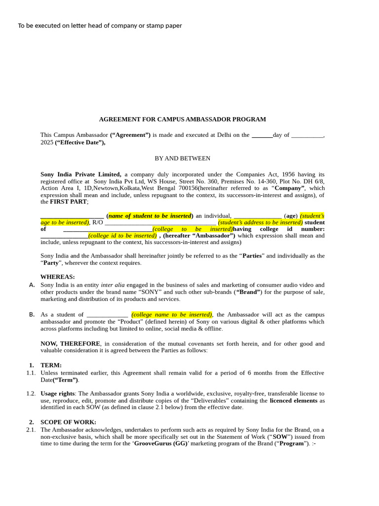 Agreement Format Between Somy and Student | PDF | Arbitration | Indemnity