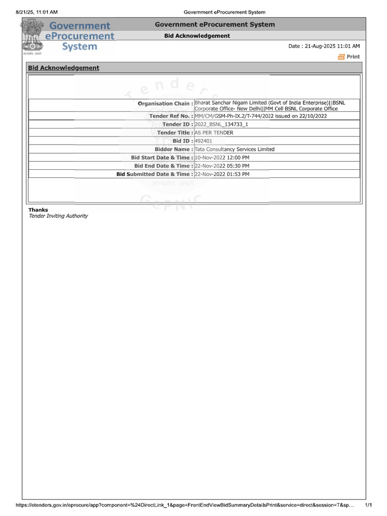 Tender Bid Acknowledgement Slip | PDF