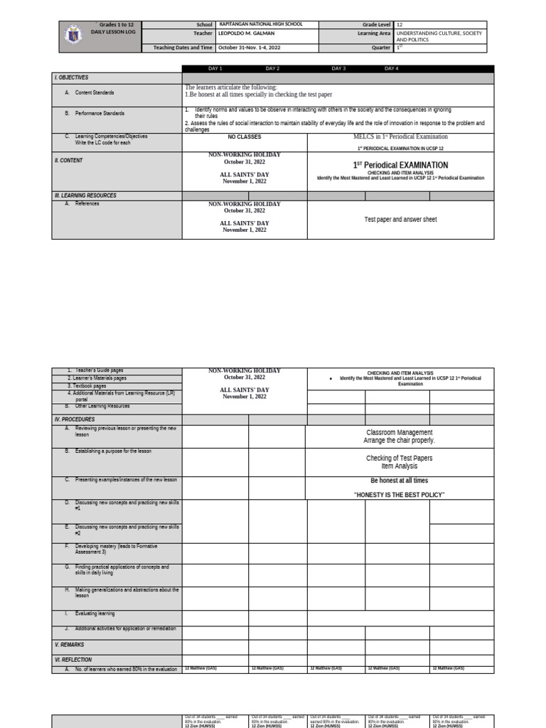 Daily Lesson Log for UCSP 12 | PDF | Learning | Teachers