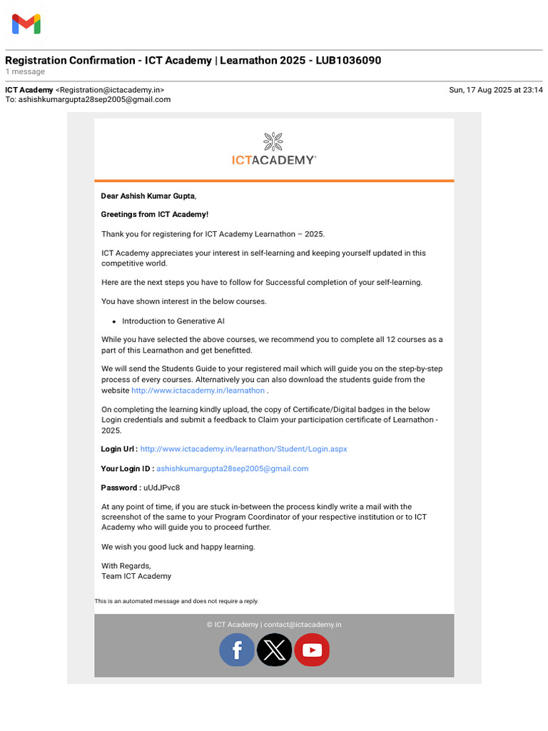 Gmail - Registration Confirmation - ICT Academy - Learnathon 2025 - LUB1036090 | PDF