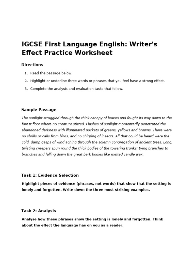 Printable Worksheet For IGCSE First Lang Writers Effect | PDF