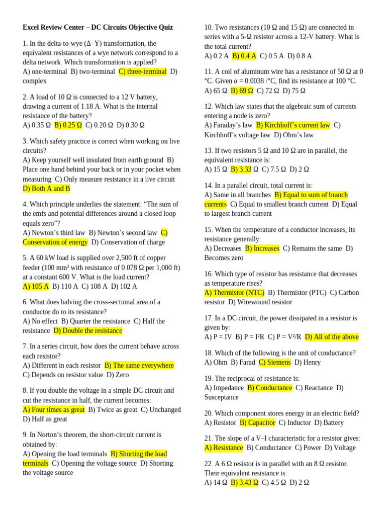 DC Circuits Quiz | PDF | Series And Parallel Circuits | Resistor