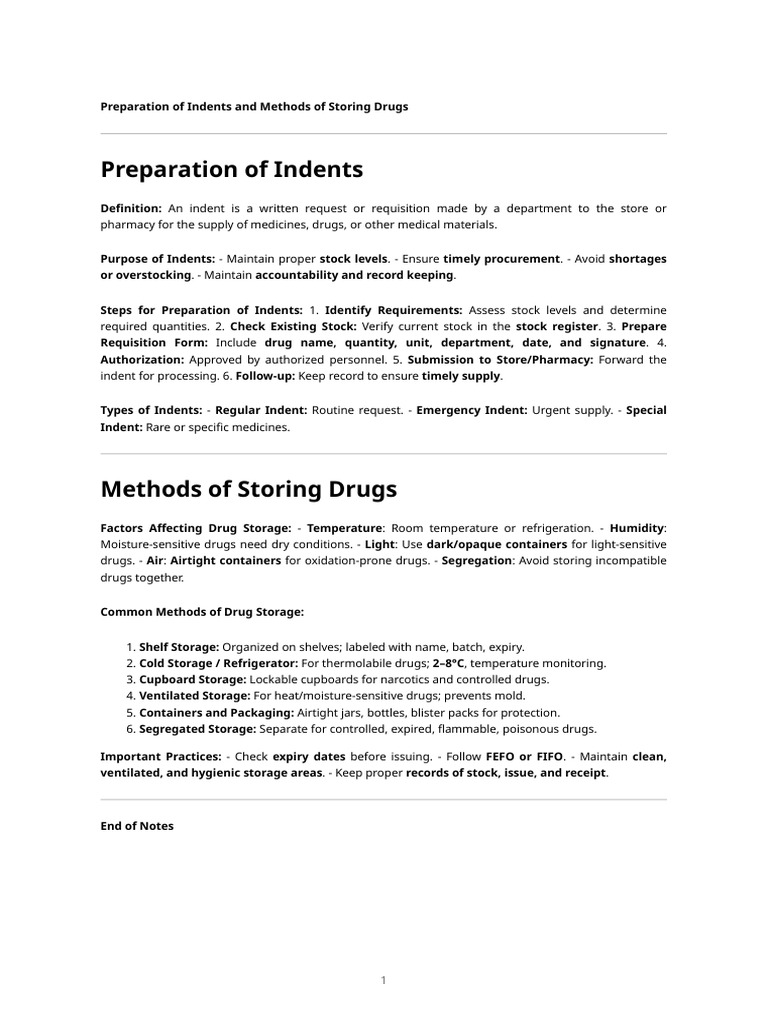 Drug Indent Preparation and Storage Guide | PDF