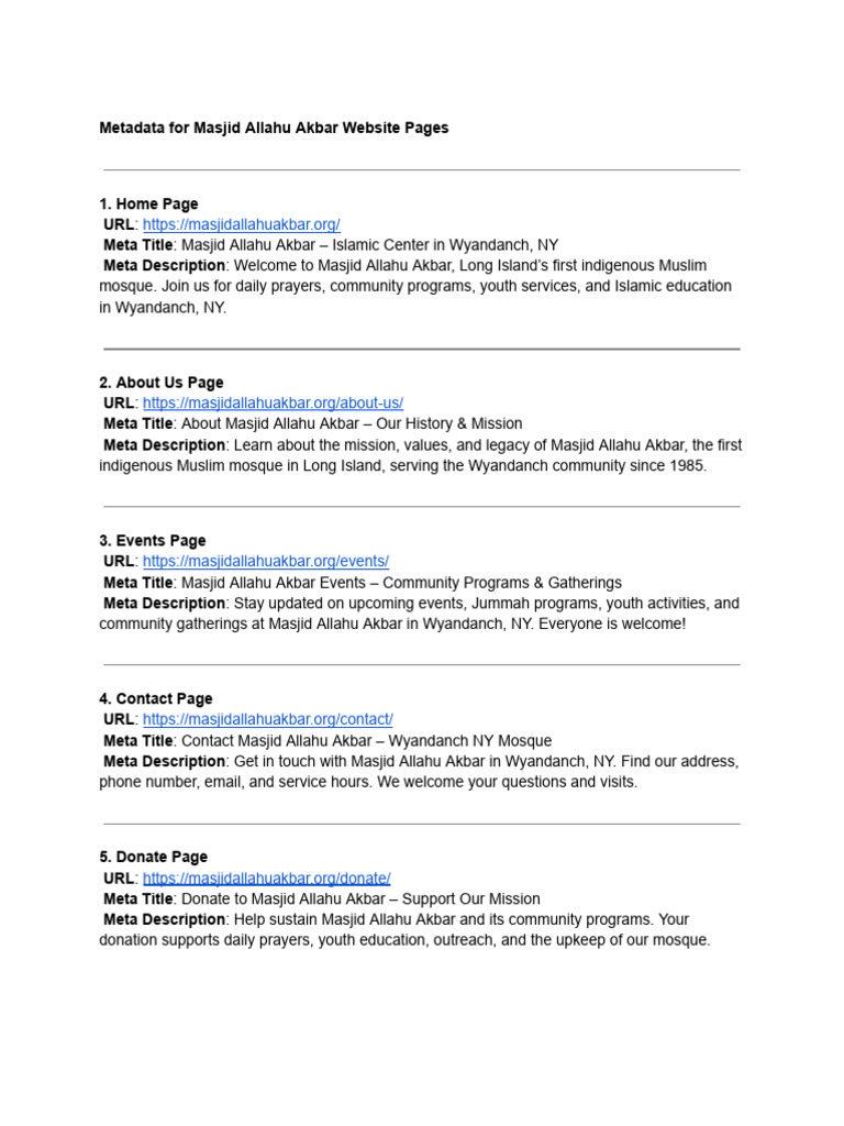 Metadata For Masjid Allahu Akbar Website Pages | PDF