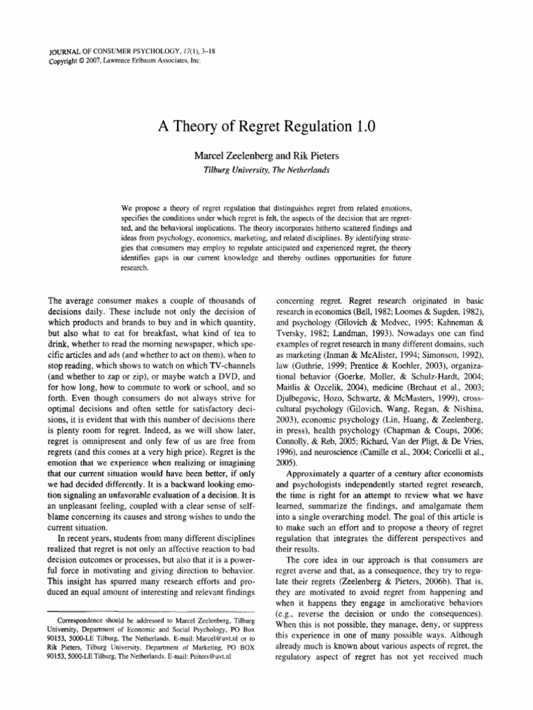 Theory of Regret Regulation Explained | PDF | Emotions | Shame