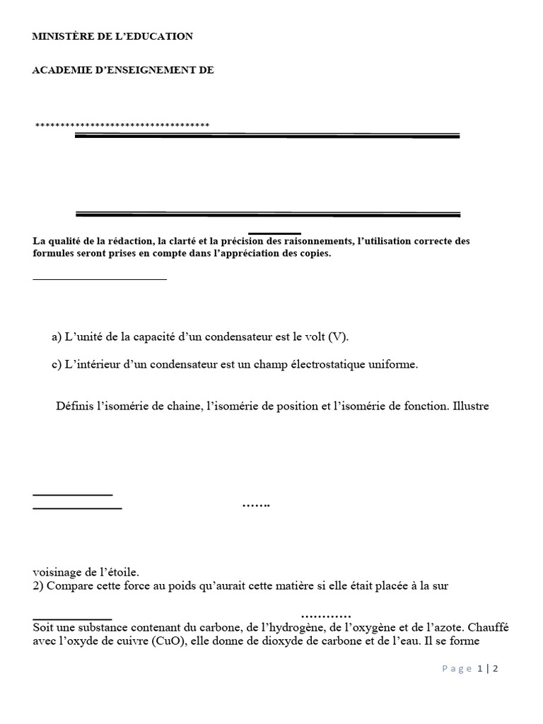 Composition Physique-Chimie 11ème 2024-2025 | PDF | Champ (physique ...