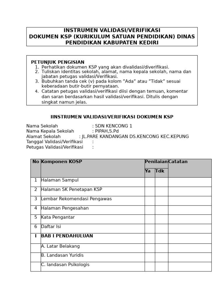 Instrumen Validasi Dokumen KSP Kediri | PDF