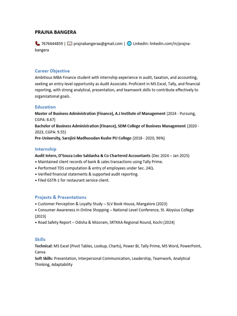 MBA Finance Graduate Seeking Audit Role | PDF