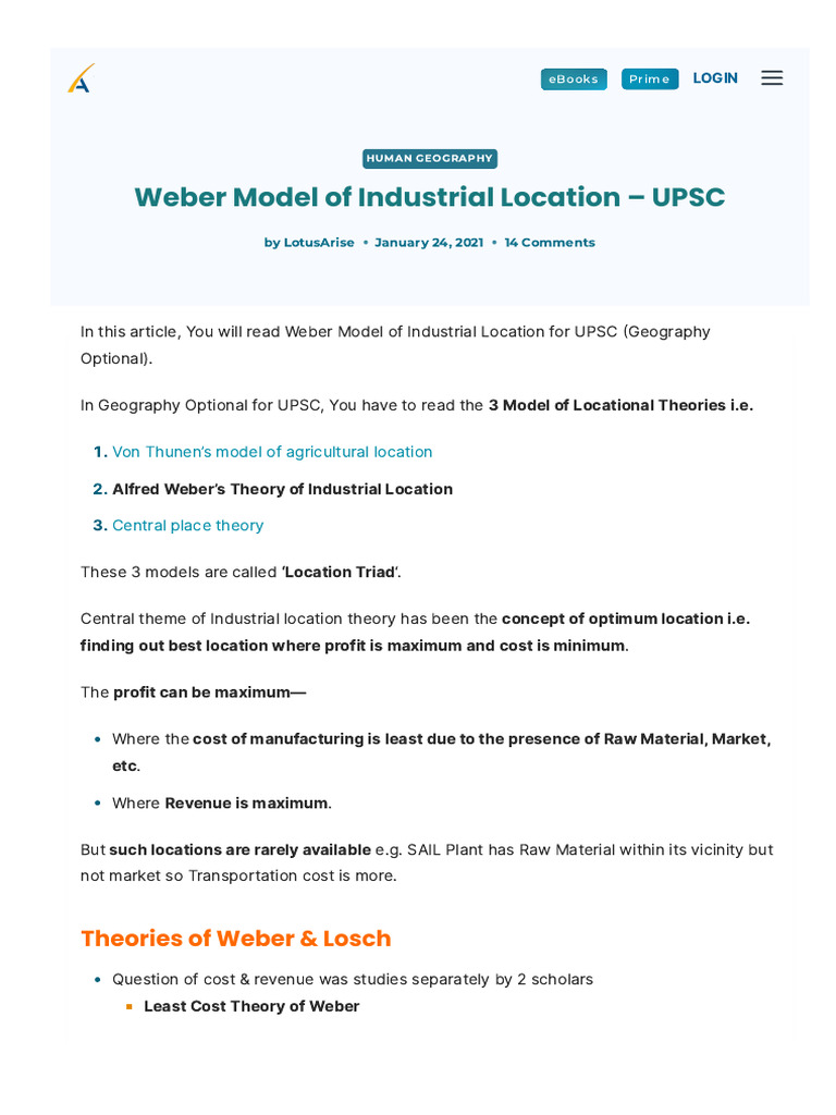 Weber's Industrial Location Theory for UPSC | PDF | Economics | Market ...