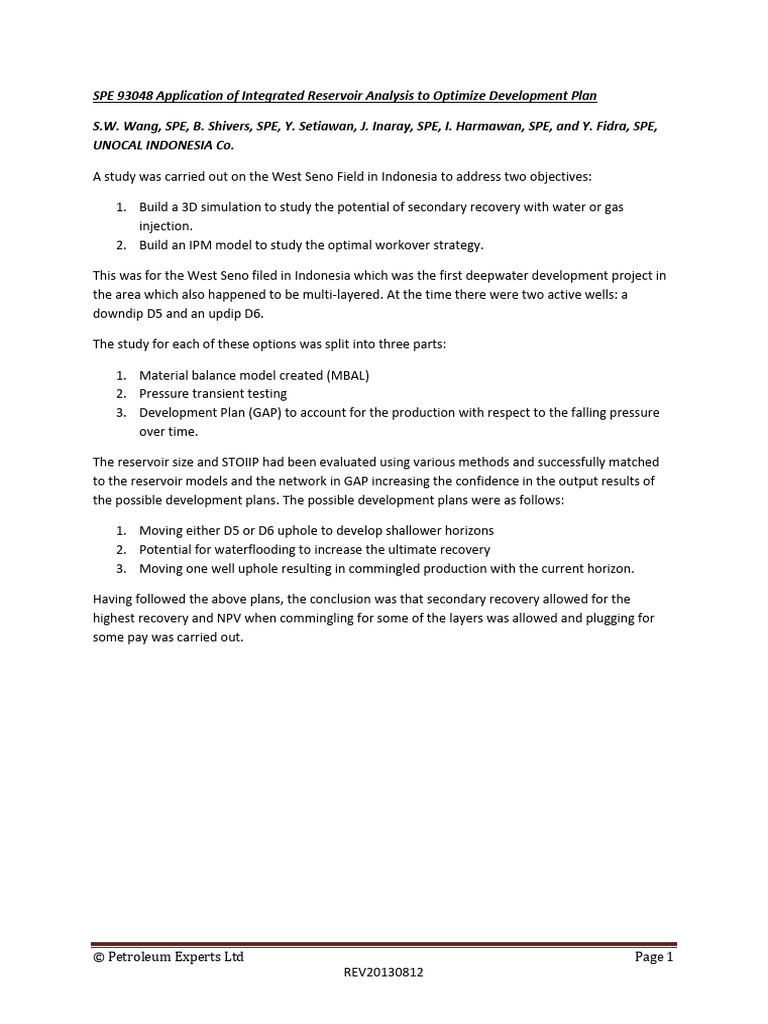 Spe 93048 Application of Integrated Reservoir Analysis To Optimize ...