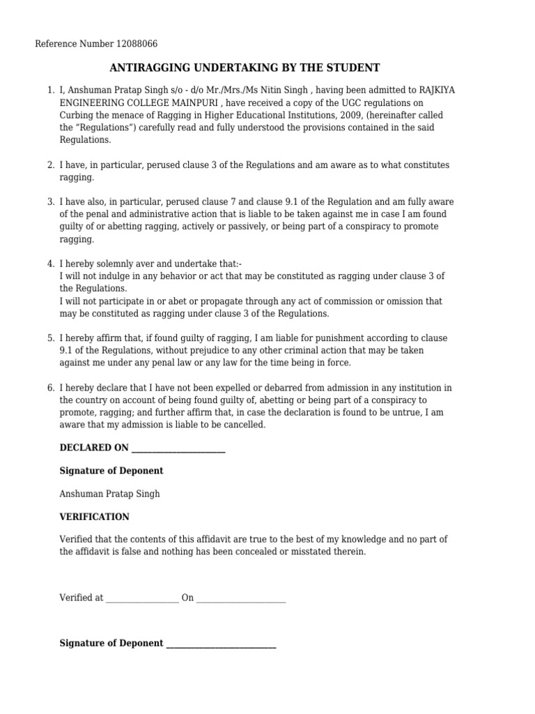 Anti Ragging Affidavit Form | PDF | Affidavit