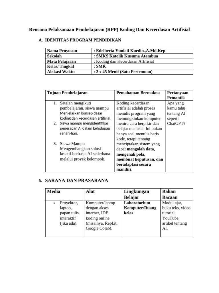 Rencana Pelaksanaan Pembelajaran Koding | PDF