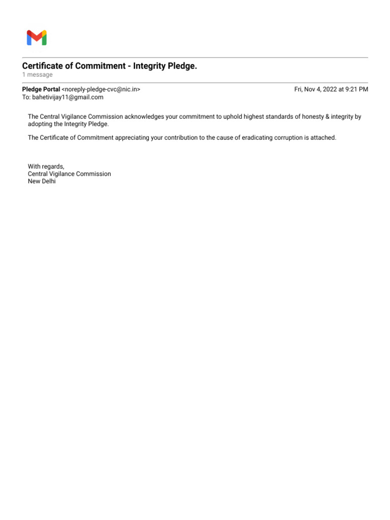 Gmail - Certificate of Commitment - Integrity Pledge. | PDF