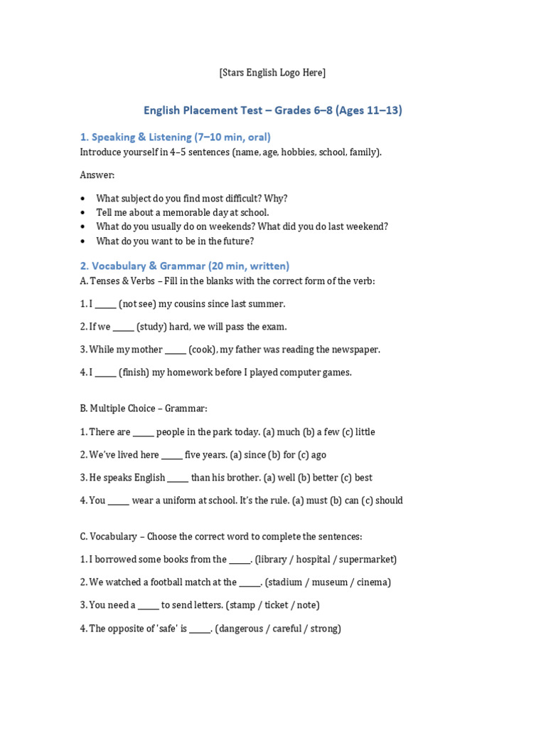 English Placement Test for Ages 11-13 | PDF | English Language ...