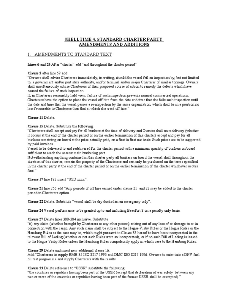Amendments to a Standard Charter Party Agreement for the Carriage of ...