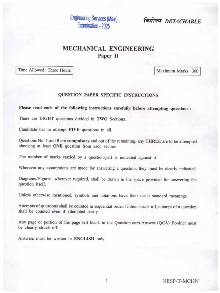Mechanical Engineering Paper Ii QP Esem 25 110825 | PDF