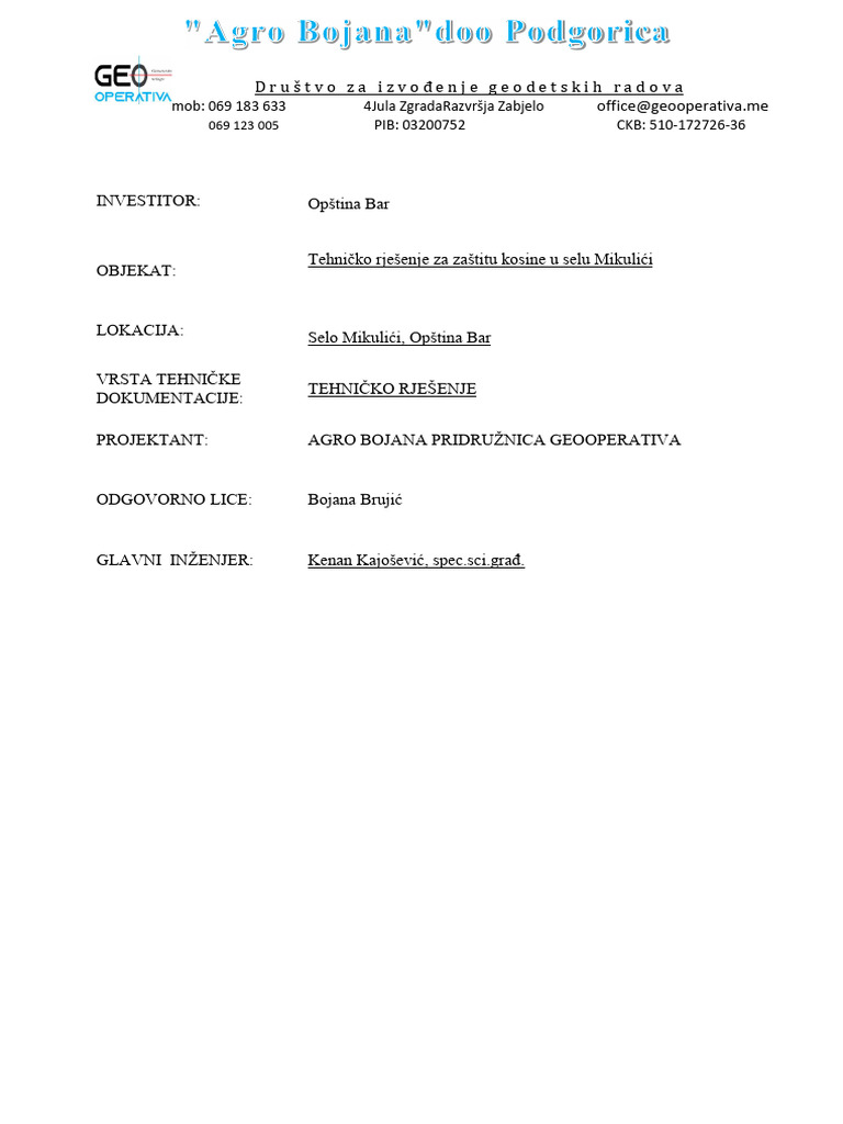 Tehnicko Rjesenje - Mikulici - Bez Predracuna | PDF