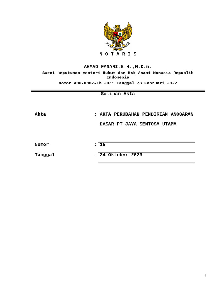Akta Perubahan Pendirian PT Jaya Sentosa | PDF
