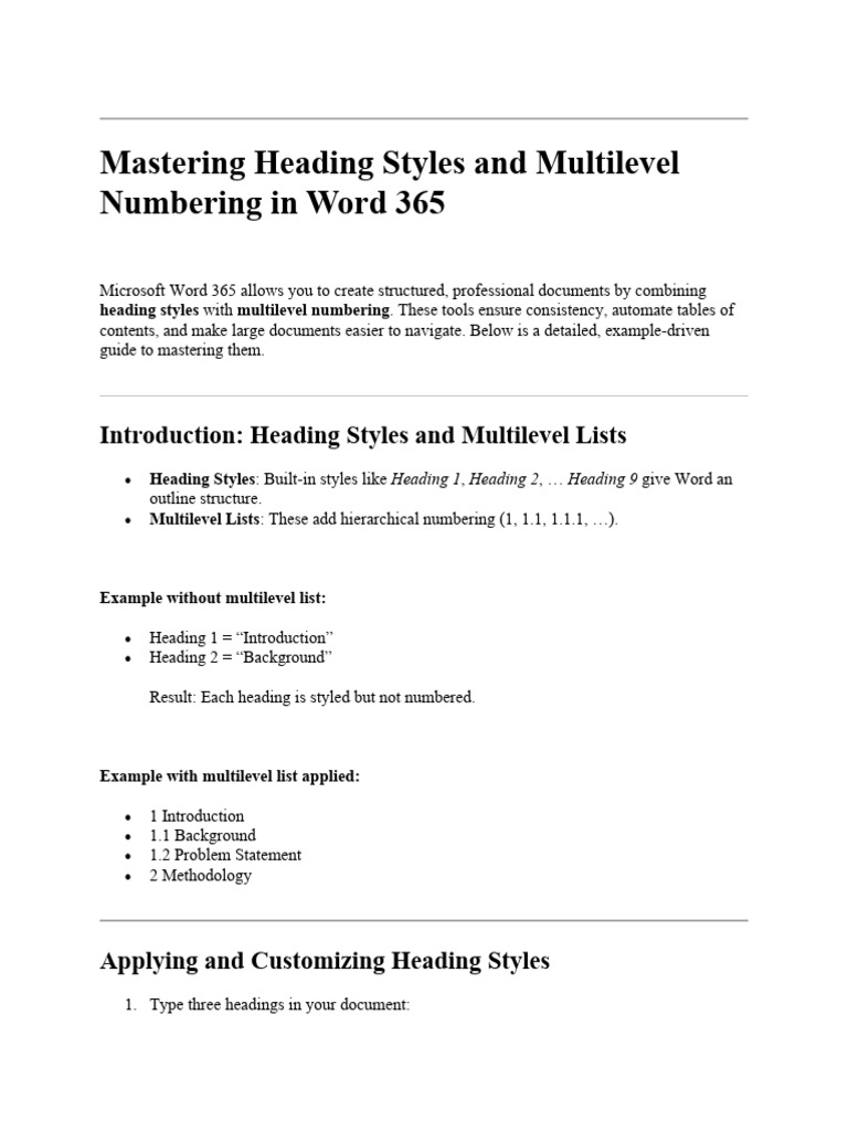 Mastering Heading Styles and Multilevel Numbering in Word 365 | PDF | Methodology | Software