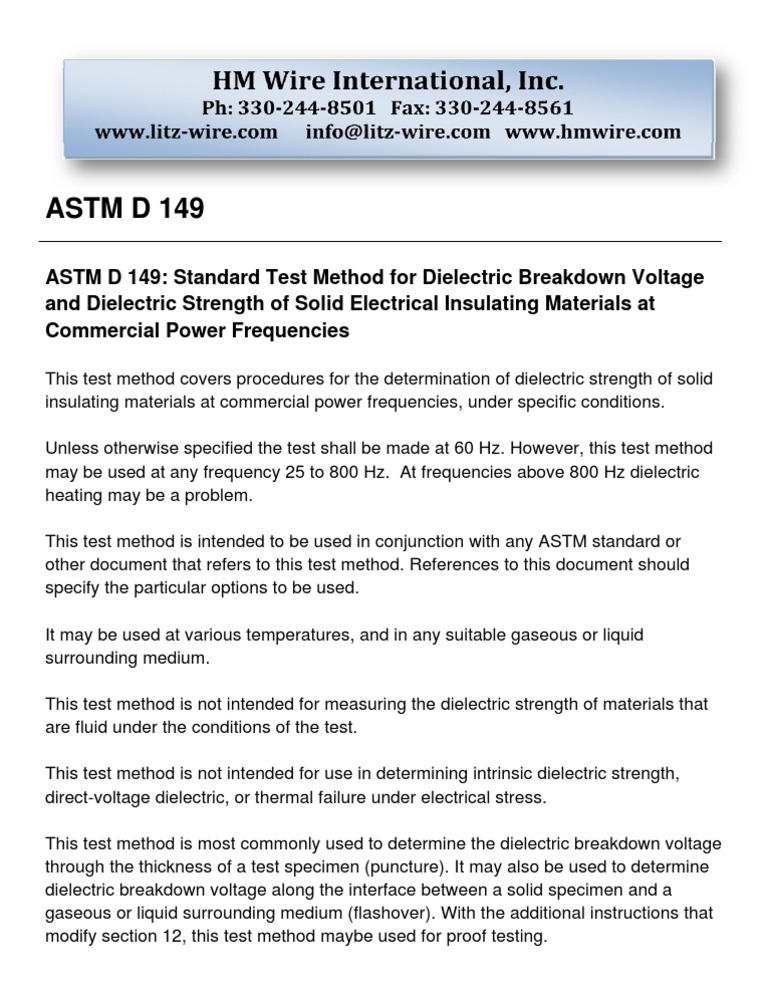 ASTM D 149 Standard Test Method Dielectric Breakdown Voltage | PDF ...