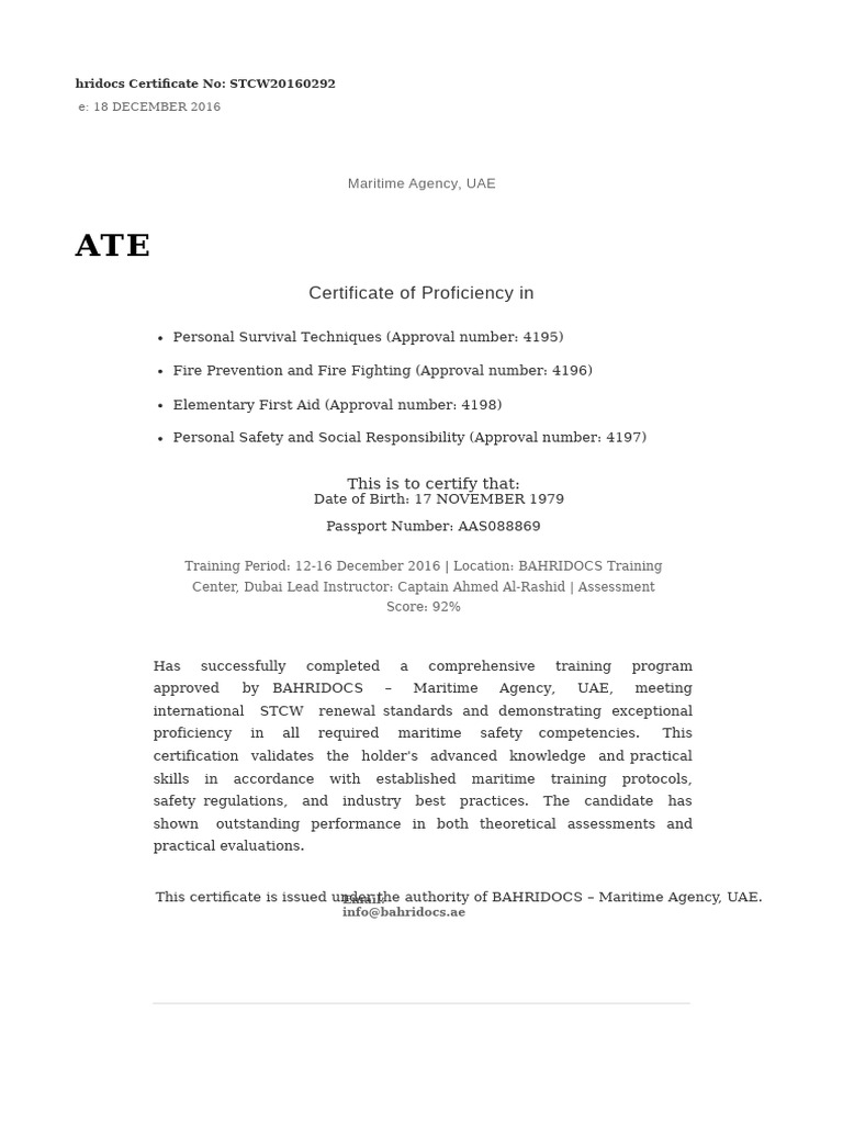 STCW Certificate of Proficiency Details | PDF