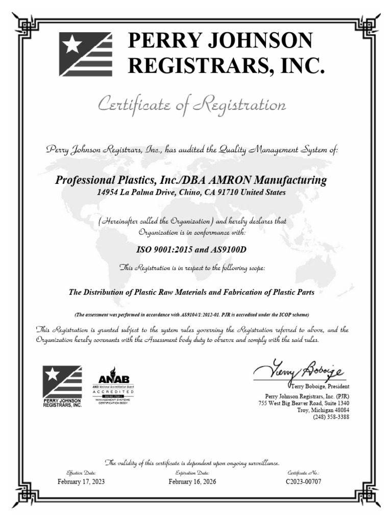 Chino DBA Amron MFG AS9100D Certificate | PDF