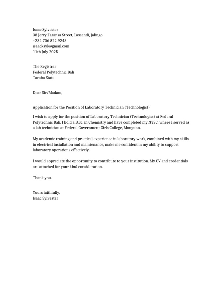 Isaac Sylvester Concise Application Letter | PDF