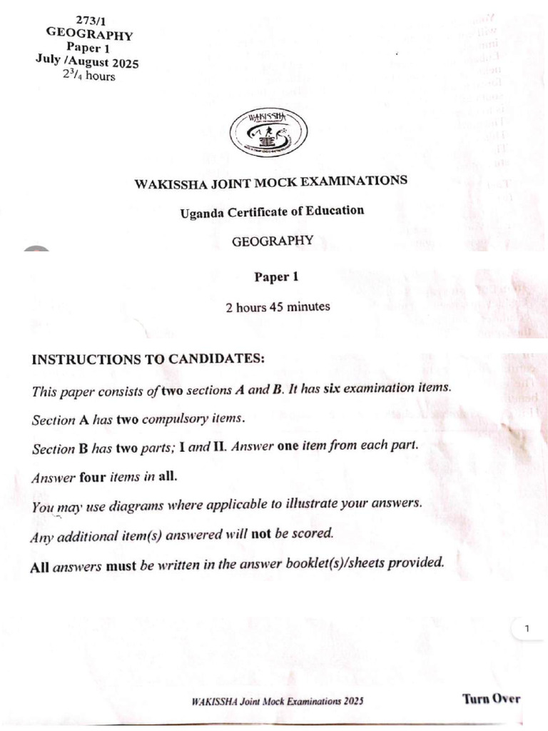 S.4 UCE Geography Wakisha Mock 2025 Compressed | PDF