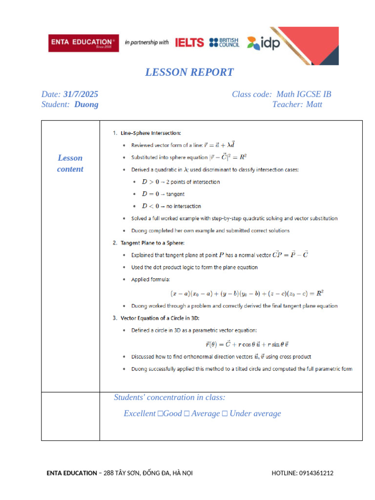 Duong's Math IGCSE Lesson Report | PDF