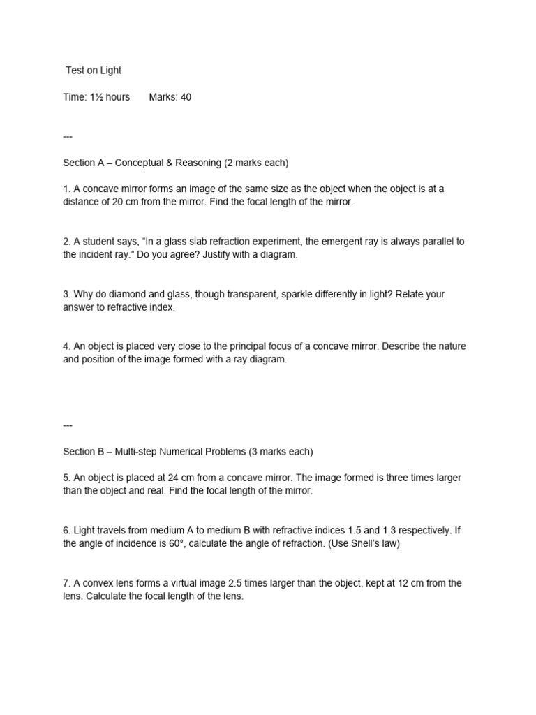 Light Reflection and Refraction Test | PDF