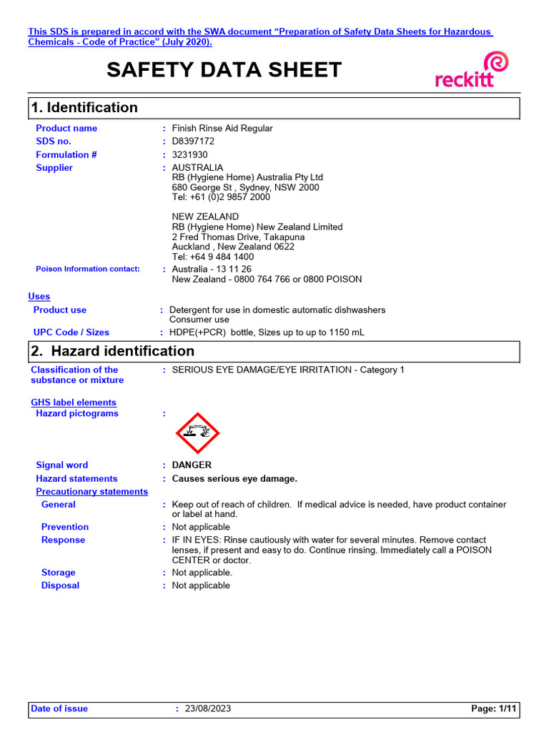 Finish Rinse Aid Safety Data Sheet | PDF | Dangerous Goods | Toxicity